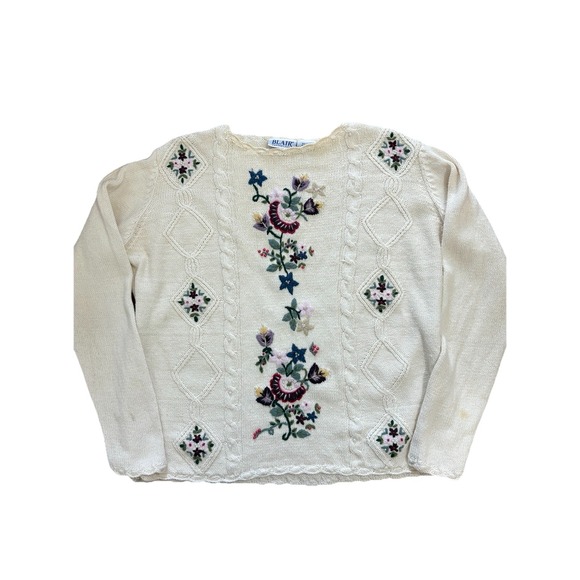 Blair | Sweaters | Vtg 9s Cream Knit Sweater Sz L Floral Embroidered ...